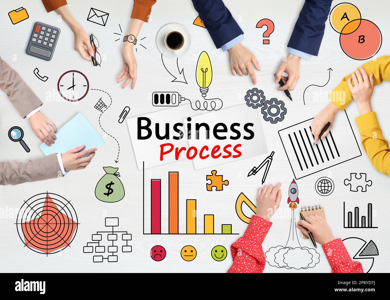Discussing business process. People and different illustrations on ...
