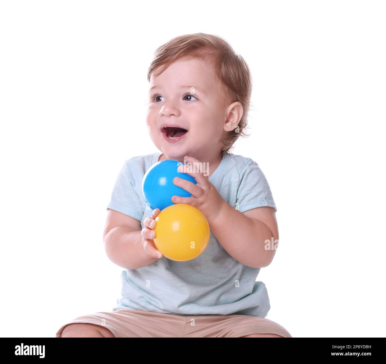 Cute little boy with colorful balls isolated on white Stock Photo - Alamy