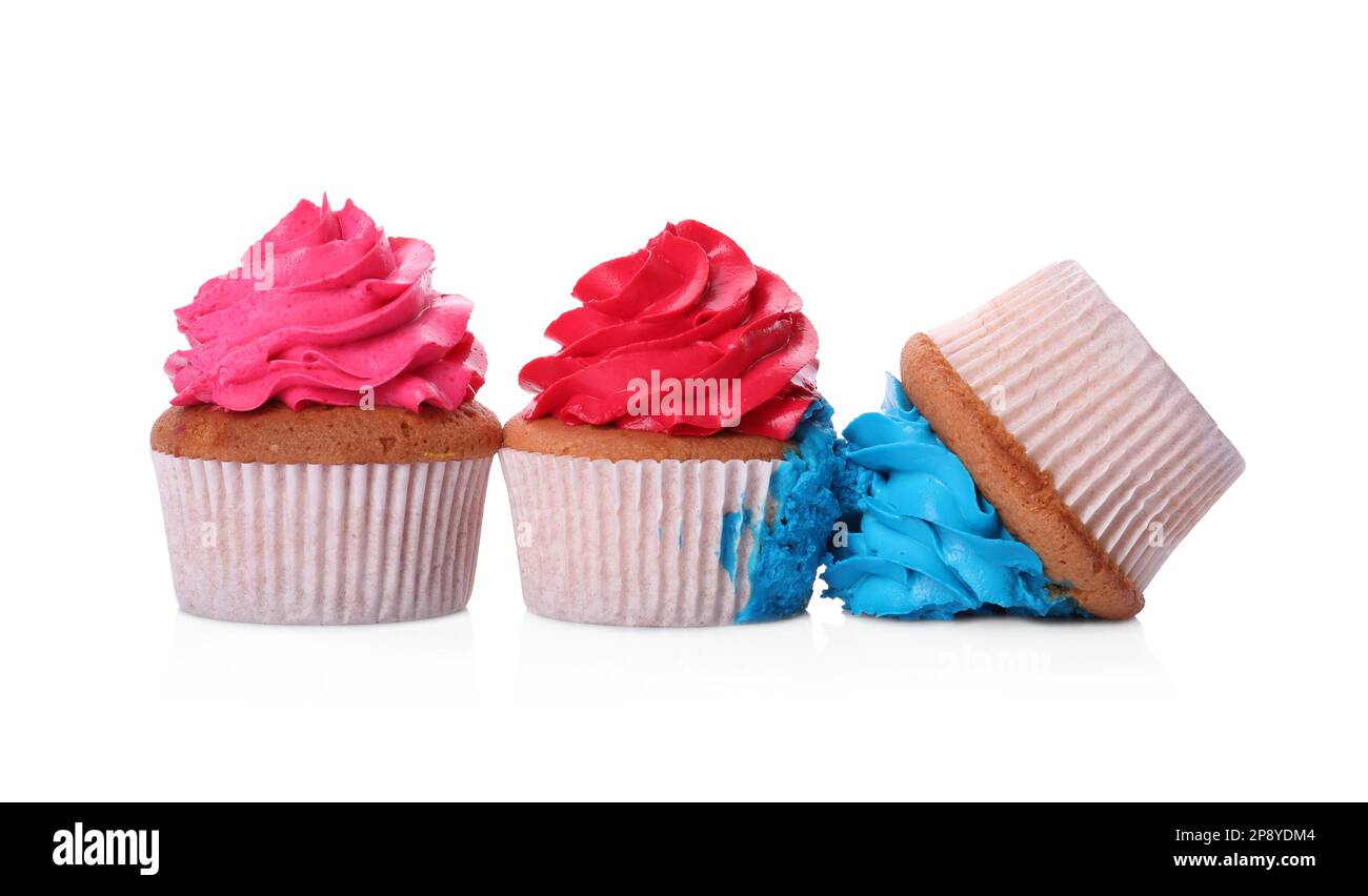 Dropped cupcake among good ones on white background. Troubles happen ...
