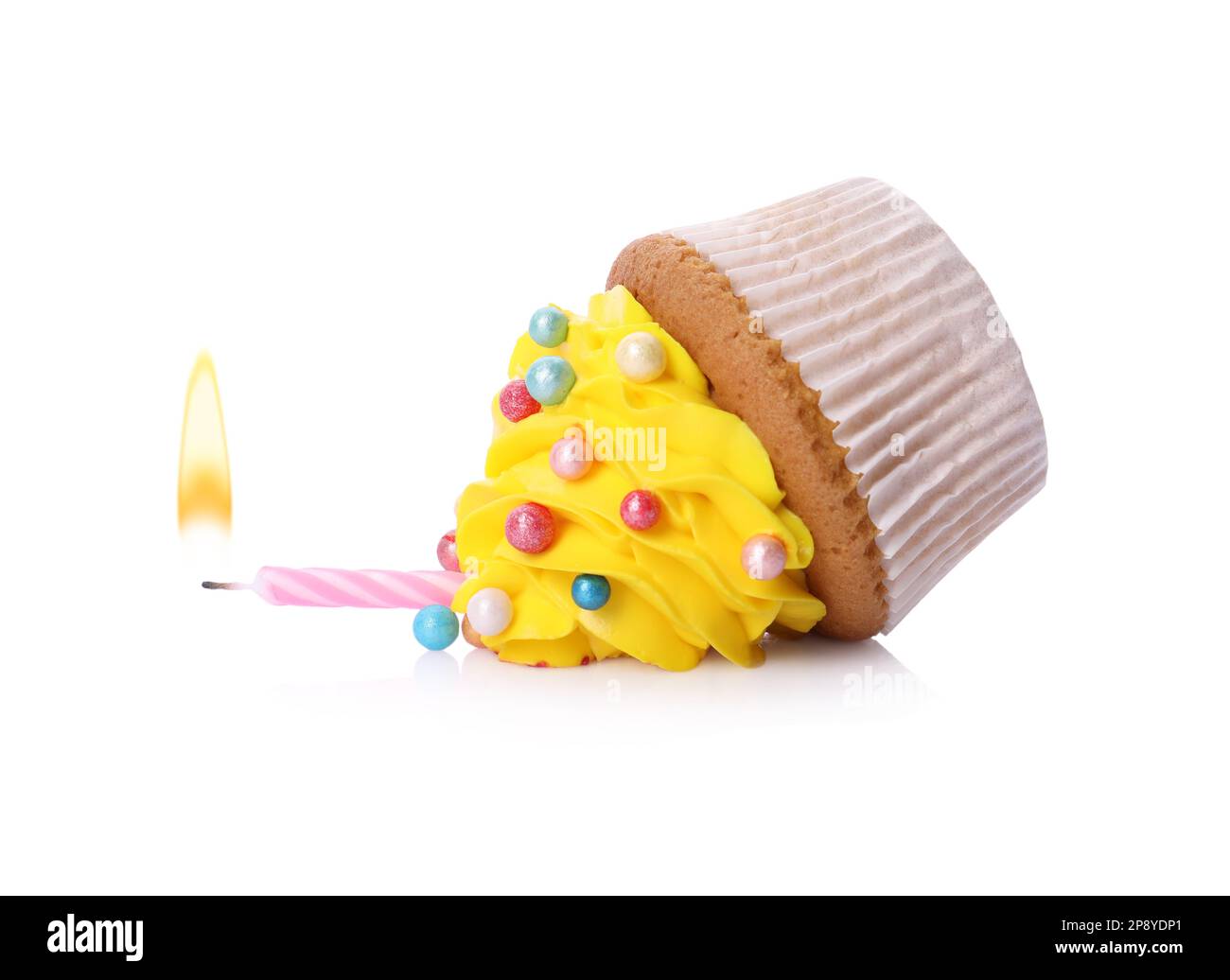Dropped cupcake with candle on white background. Troubles happen Stock ...
