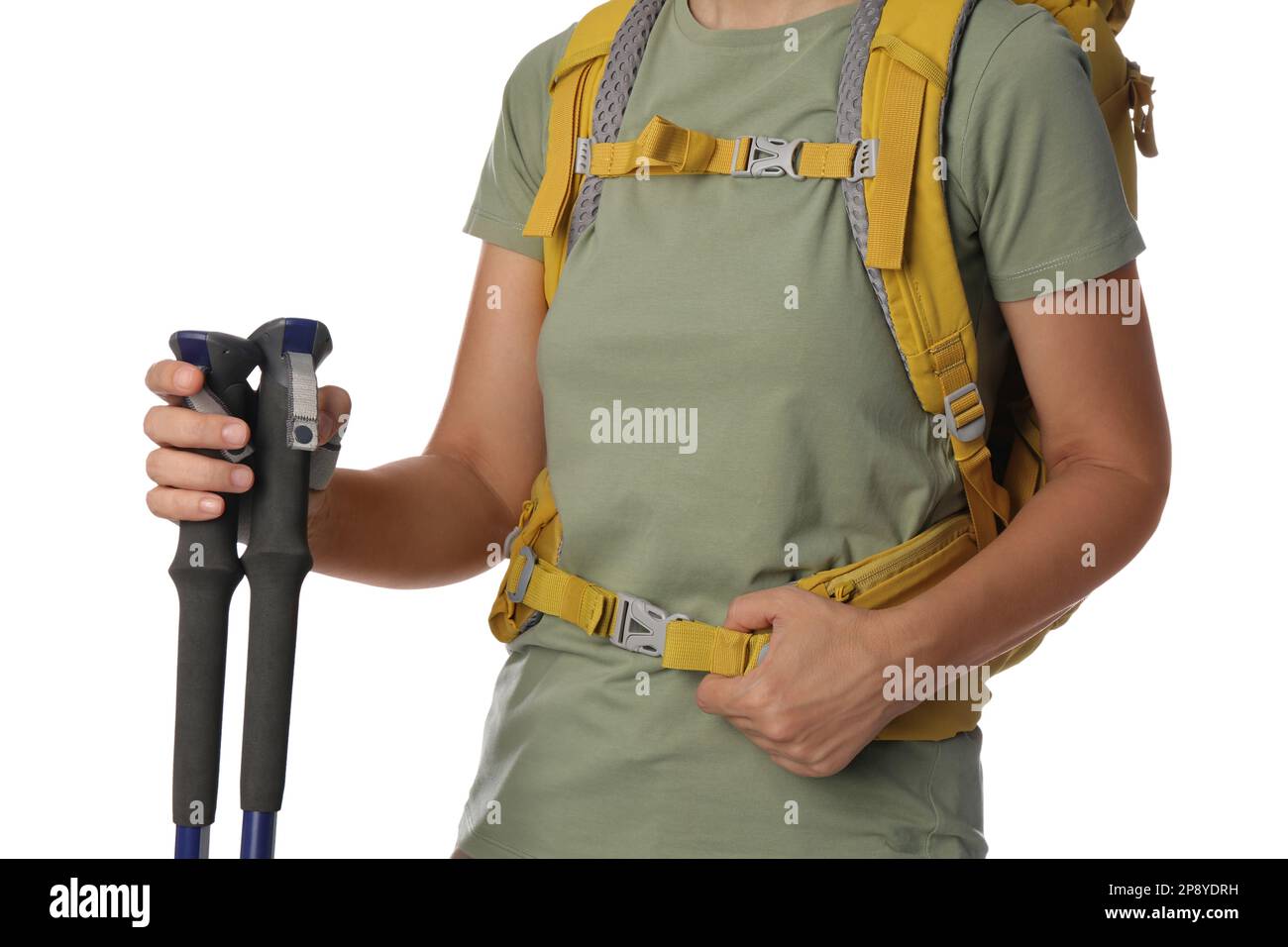 Female hiker with backpack and trekking poles on white background ...