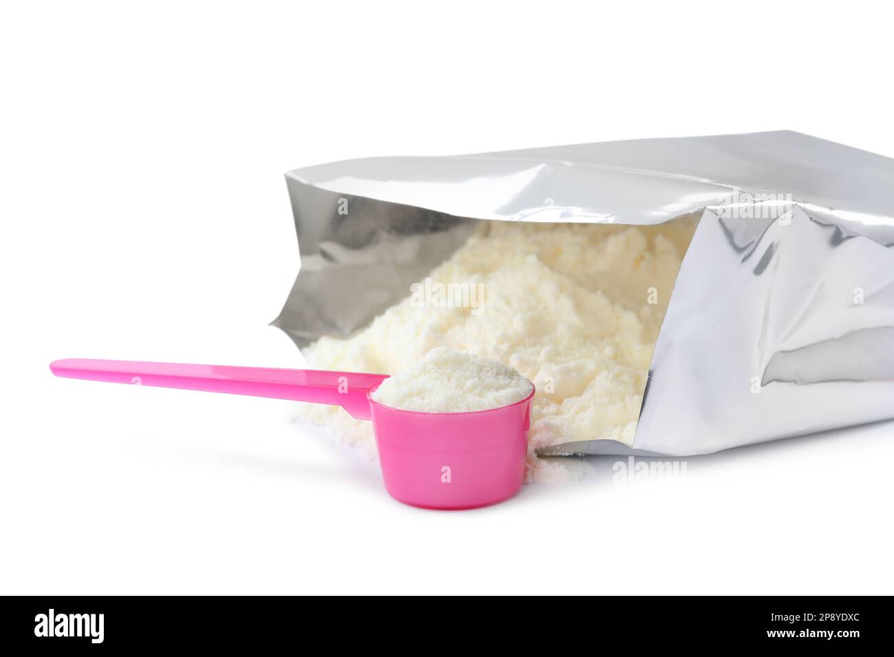 Bag of powdered infant formula and scoop on white background. Baby milk ...