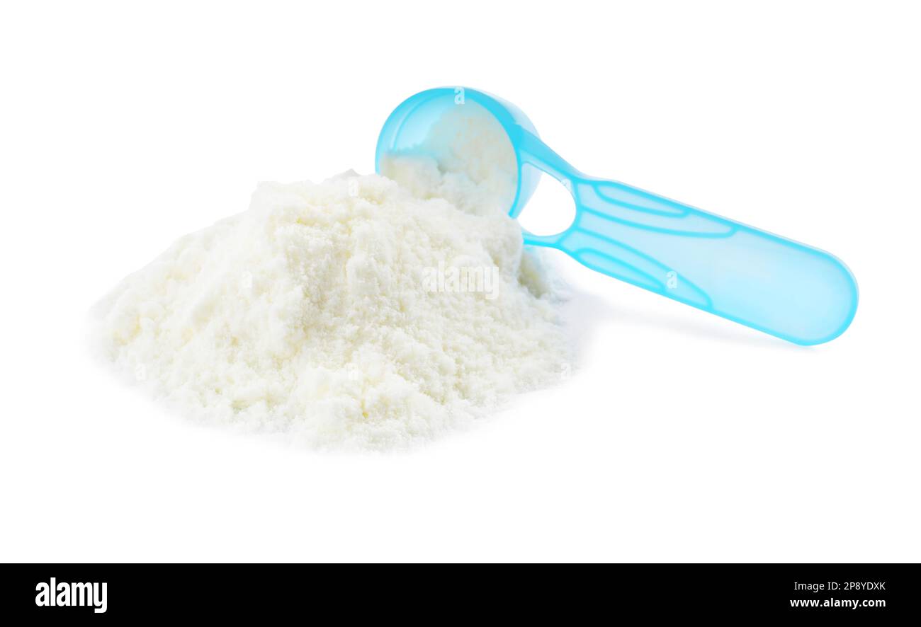 Powdered infant formula and scoop on white background. Baby milk Stock ...