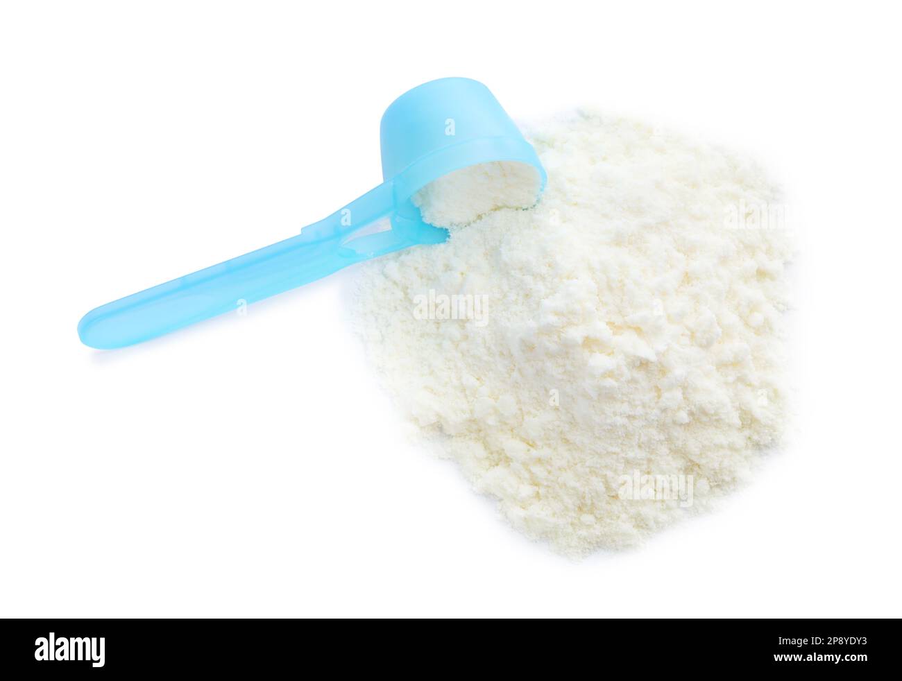 Powdered infant formula and scoop on white background, top view. Baby ...