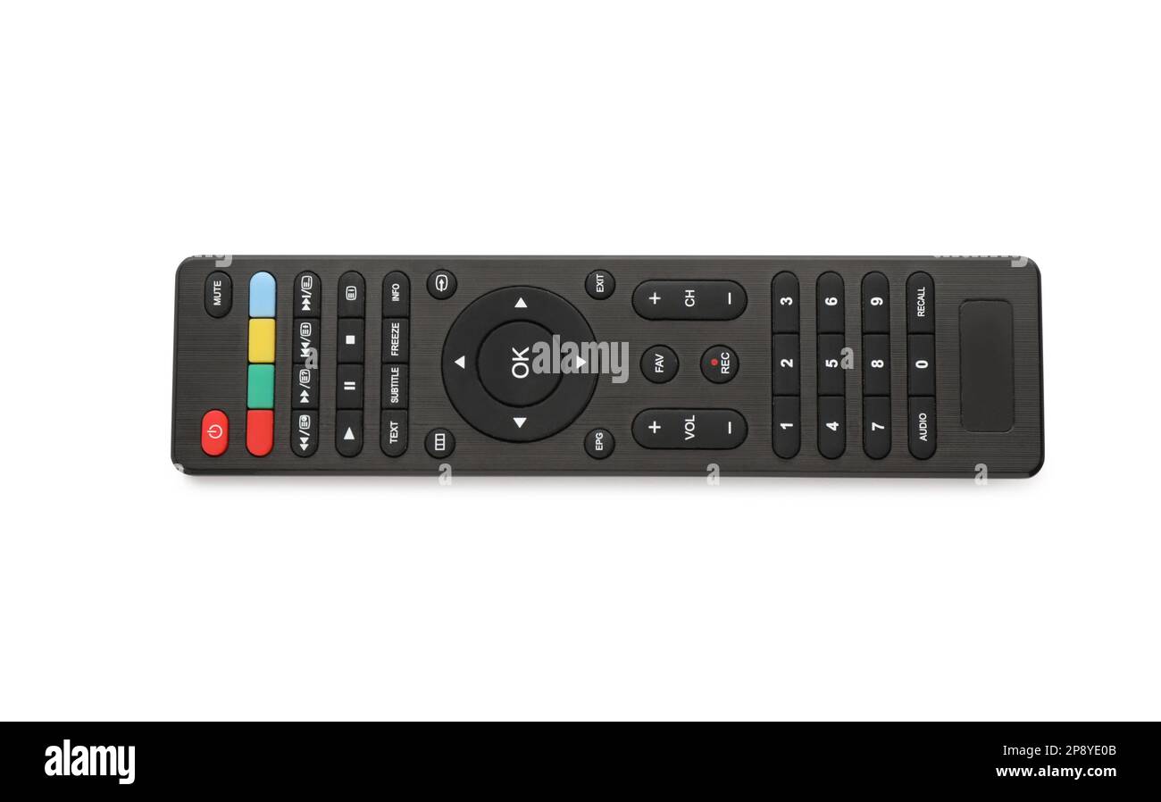 Modern tv remote control isolated on white, top view Stock Photo - Alamy