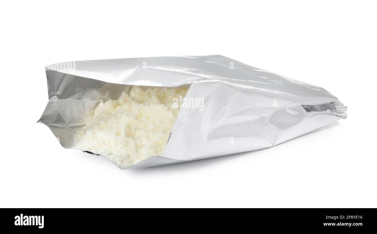 Bag of powdered infant formula isolated on white. Baby milk Stock Photo ...