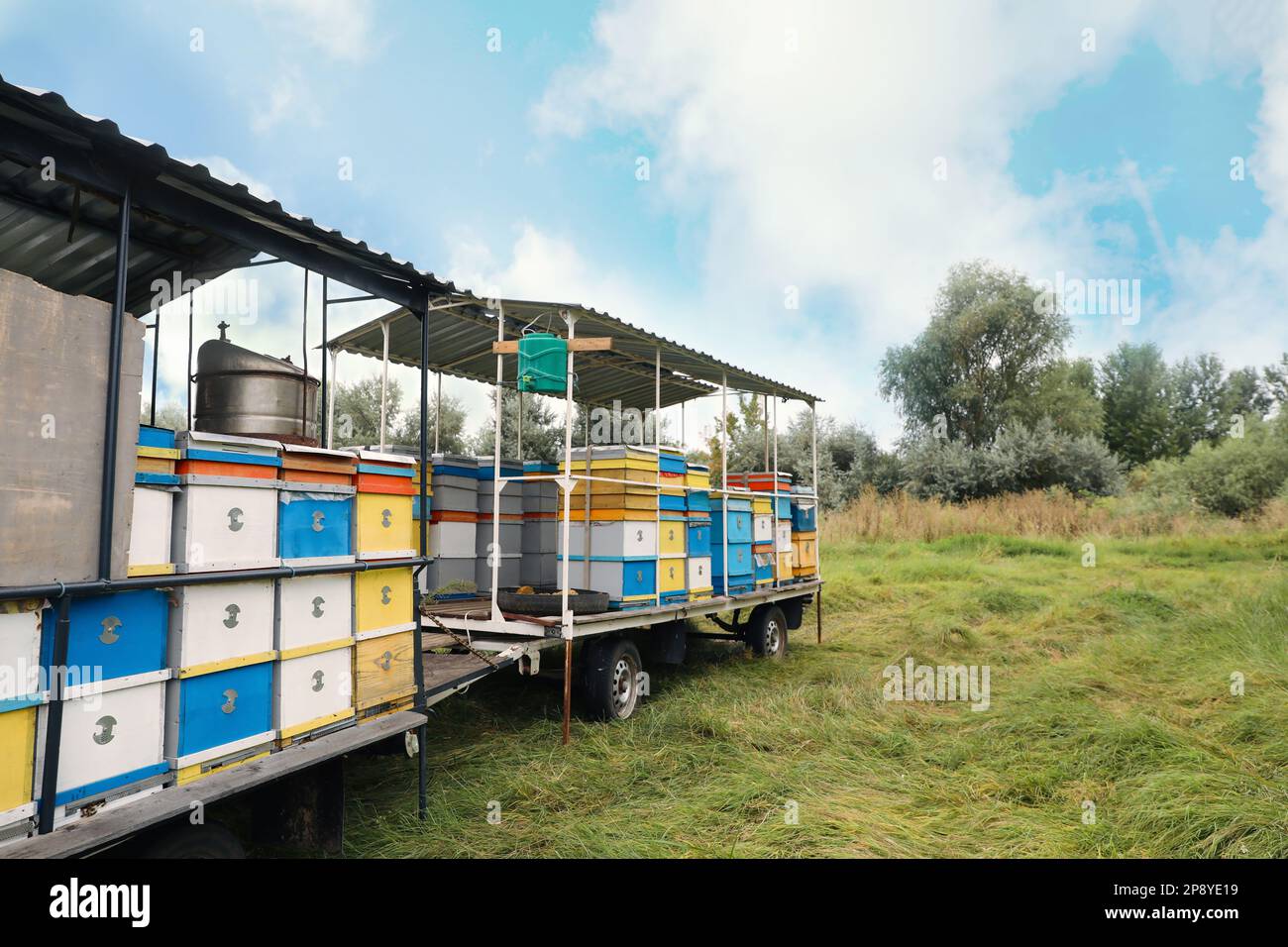 Many colorful bee hives at apiary outdoors Stock Photo - Alamy