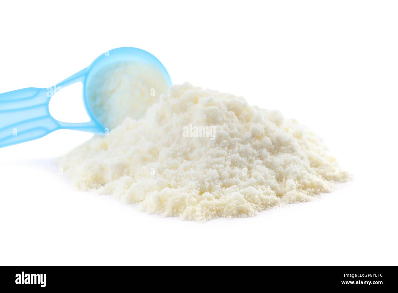 Powdered infant formula and scoop on white background. Baby milk Stock ...