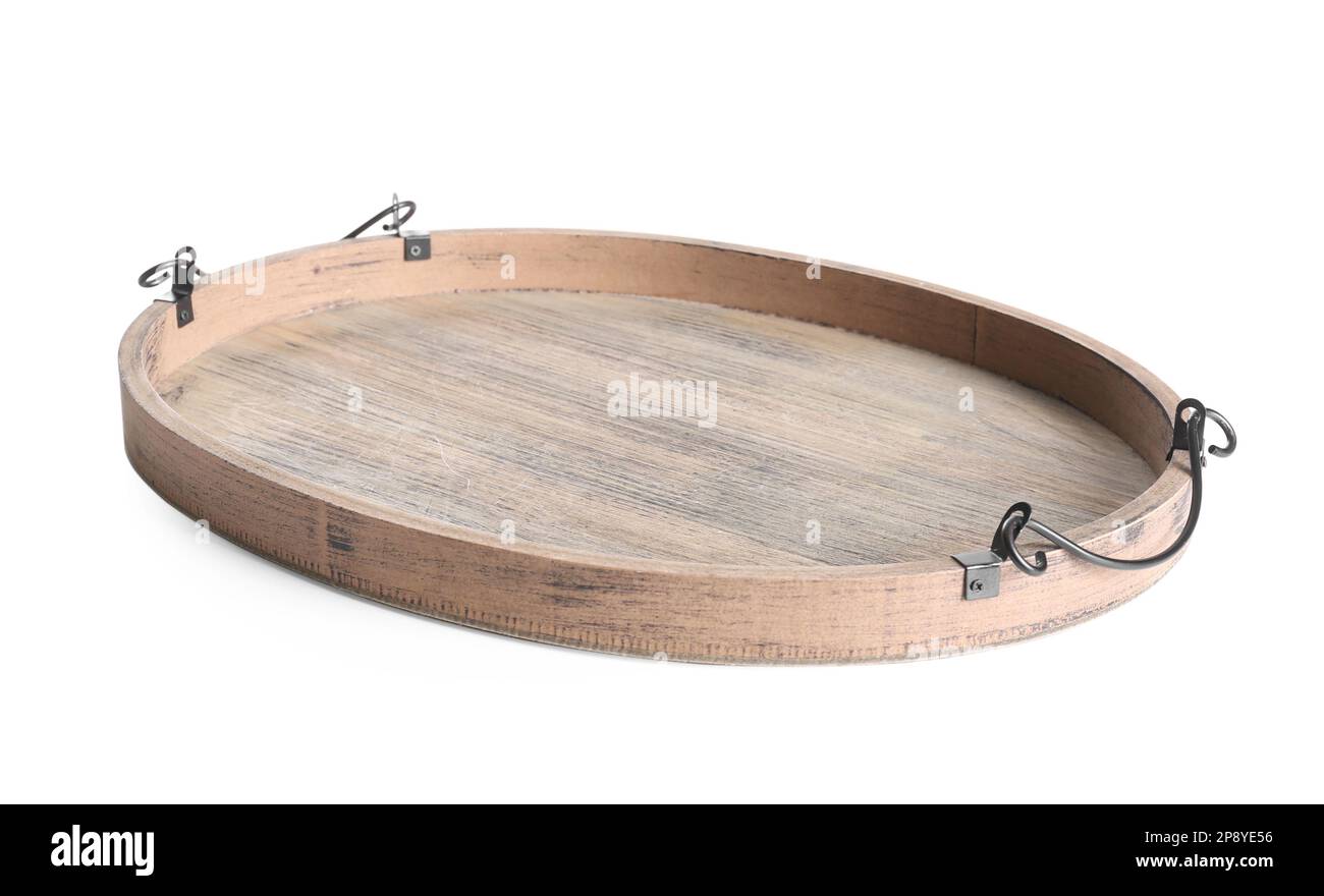 One empty wooden tray isolated on white Stock Photo - Alamy