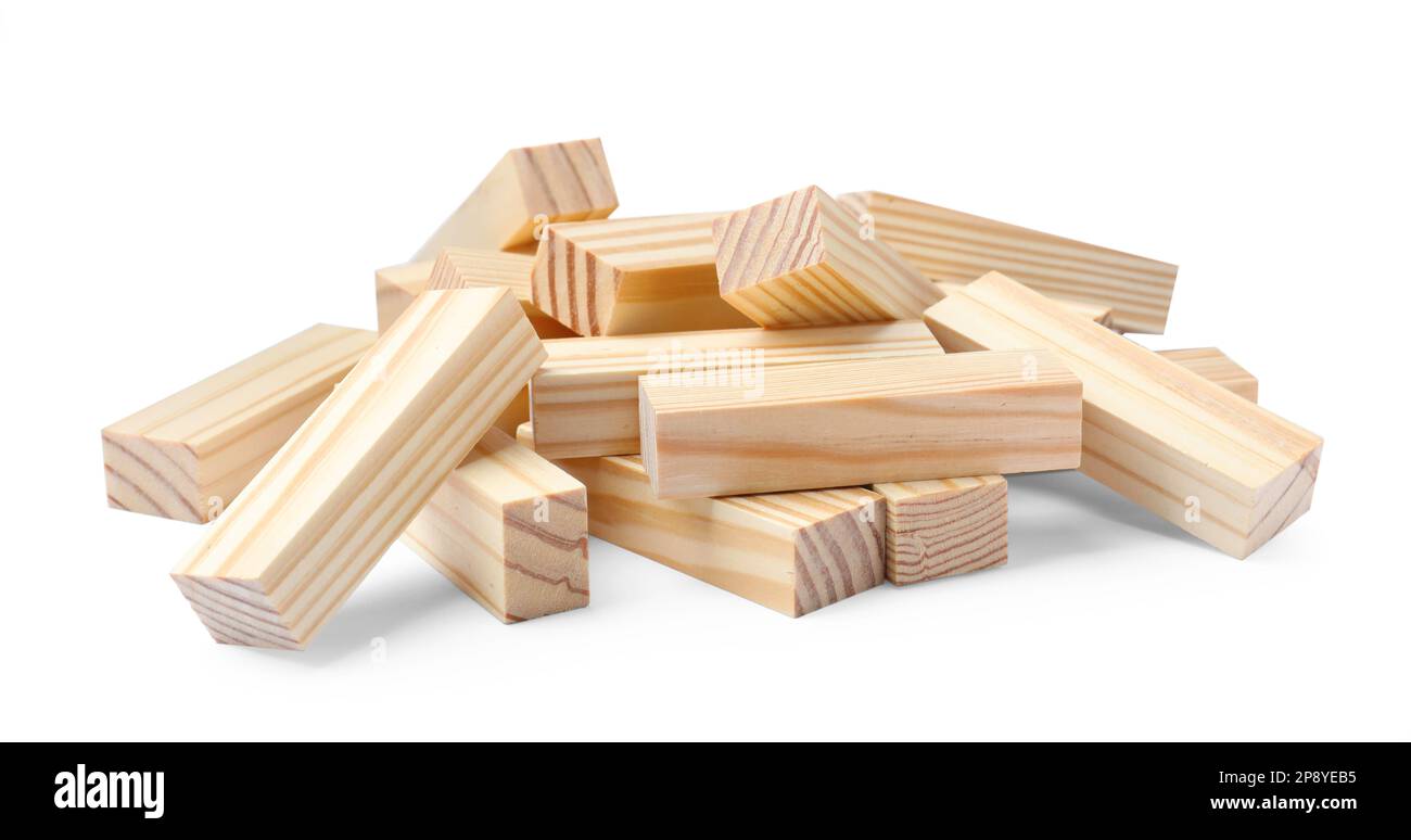 Pile of wooden blocks on white background. Jenga game Stock Photo - Alamy
