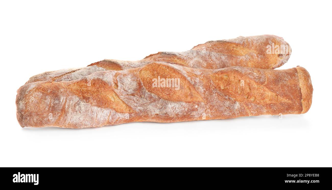 Crispy French baguettes on white background. Fresh bread Stock Photo ...