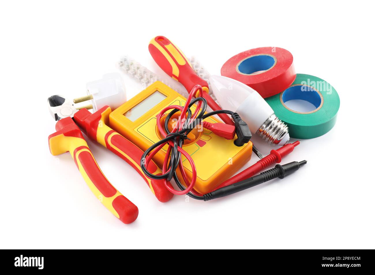 Set of electrician's tools and accessories on white background Stock ...