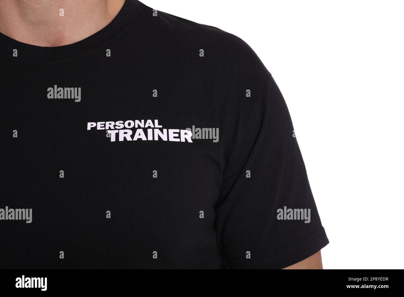 Personal trainer in uniform on white background, closeup. Gym ...