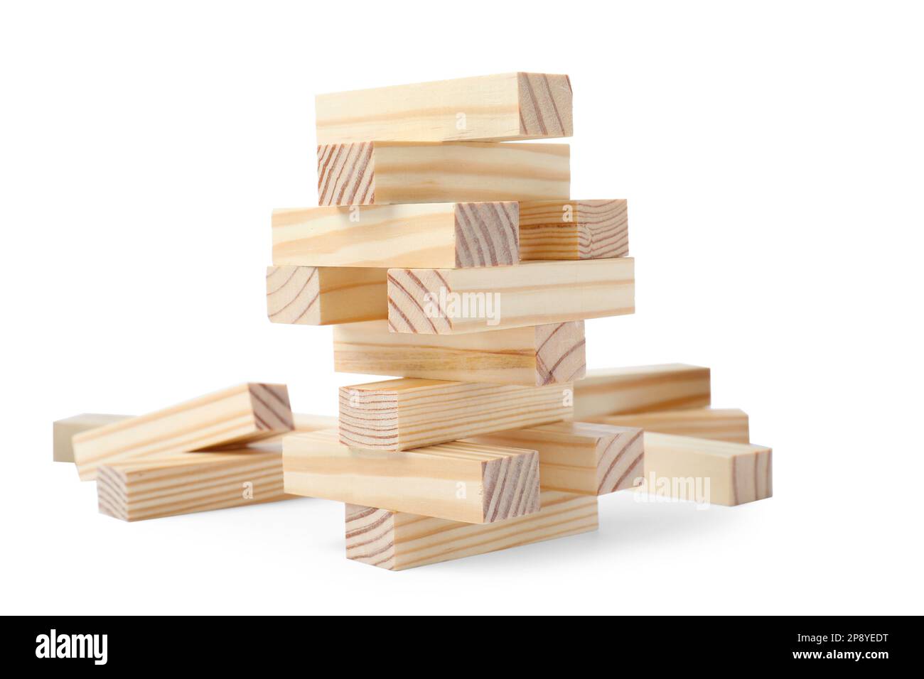 Jenga tower made of wooden blocks on white background Stock Photo - Alamy