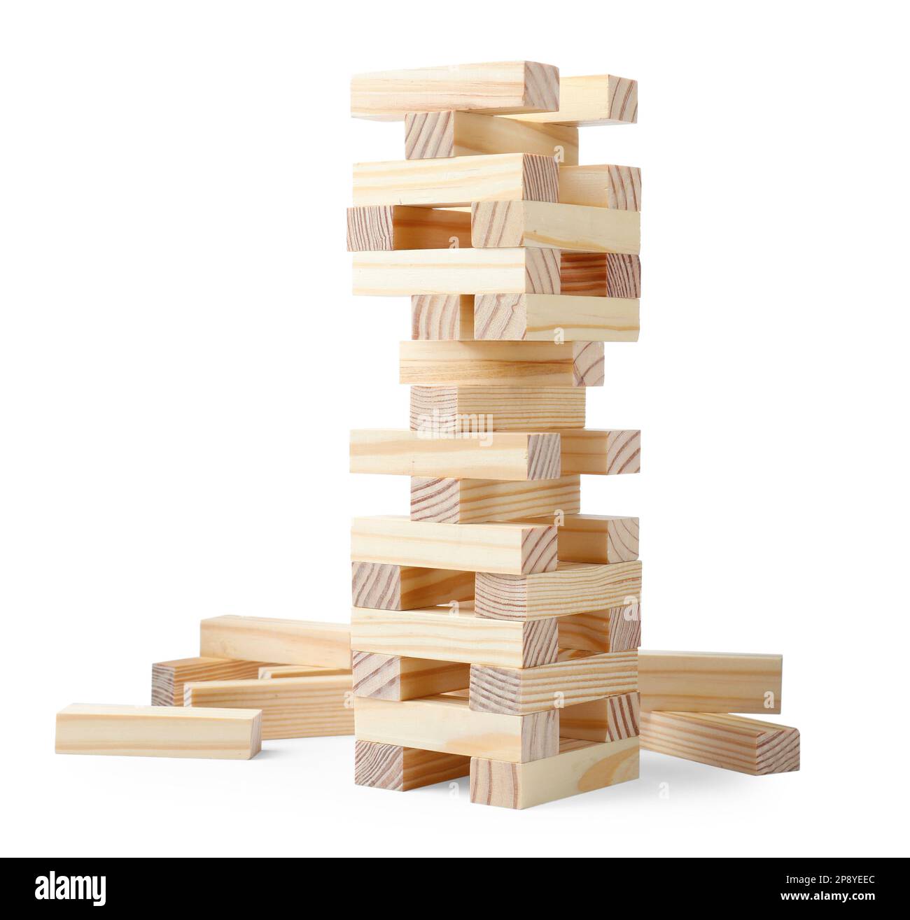 Jenga tower made of wooden blocks on white background Stock Photo - Alamy
