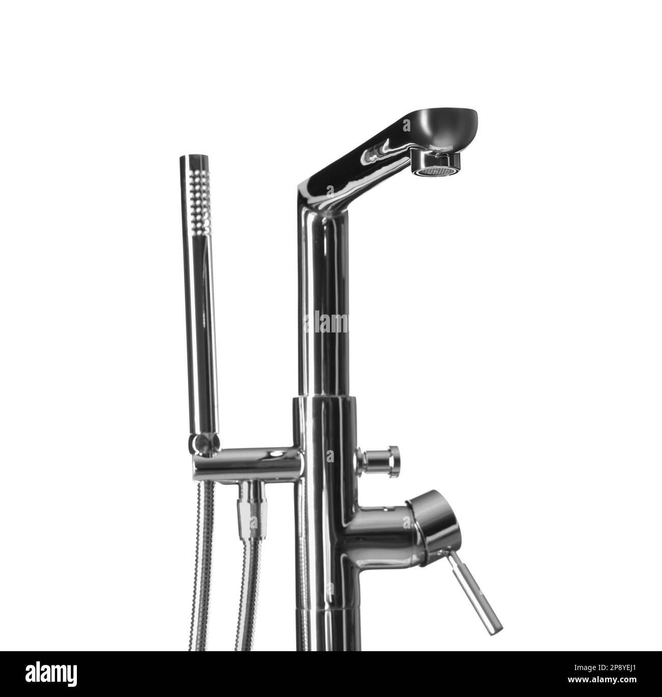 Modern bathtub water tap with hand shower on white background Stock ...