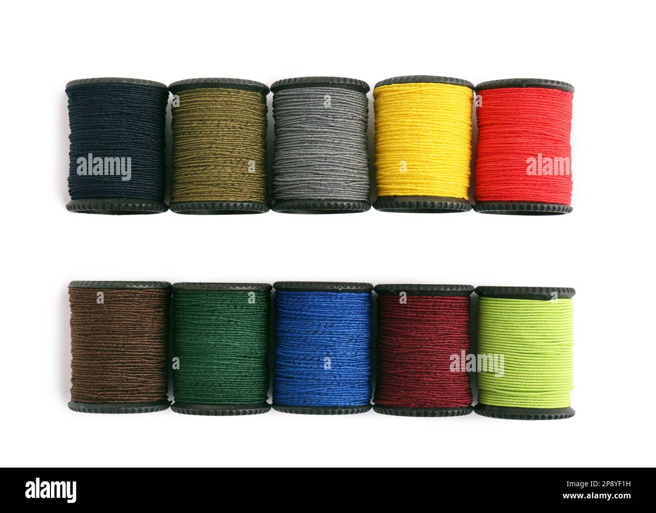 Set of colorful sewing threads on white background, top view Stock ...