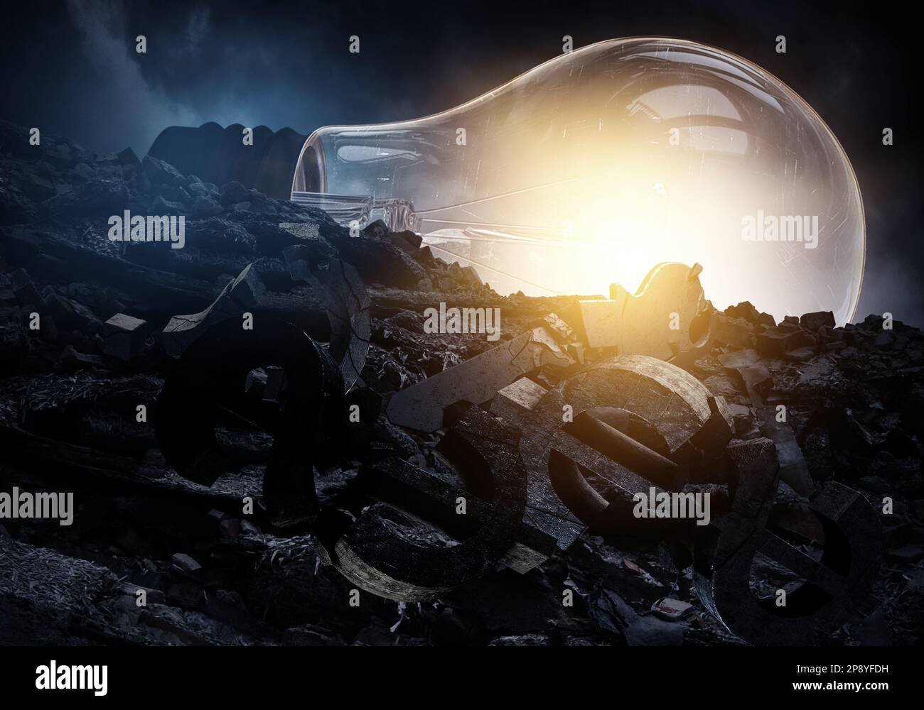 Huge light bulb glowing in the darkness Stock Photo - Alamy