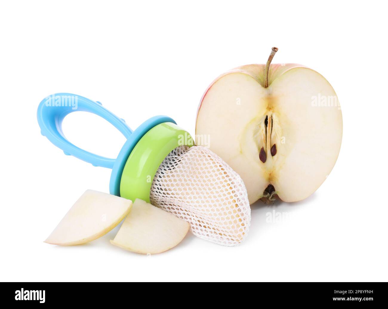 Nibbler with fresh apple on white background. Baby feeder Stock Photo ...