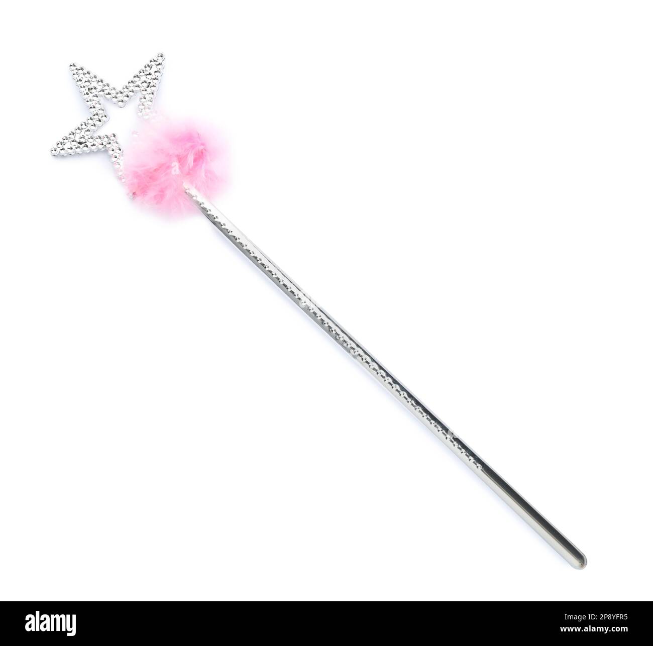 Beautiful silver magic wand with feather isolated on white, top view ...