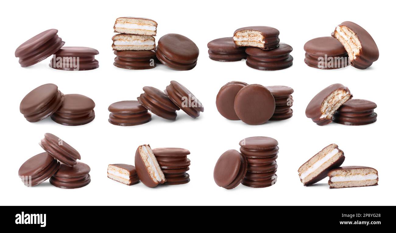 Set with tasty choco pies on white background. Banner design Stock ...