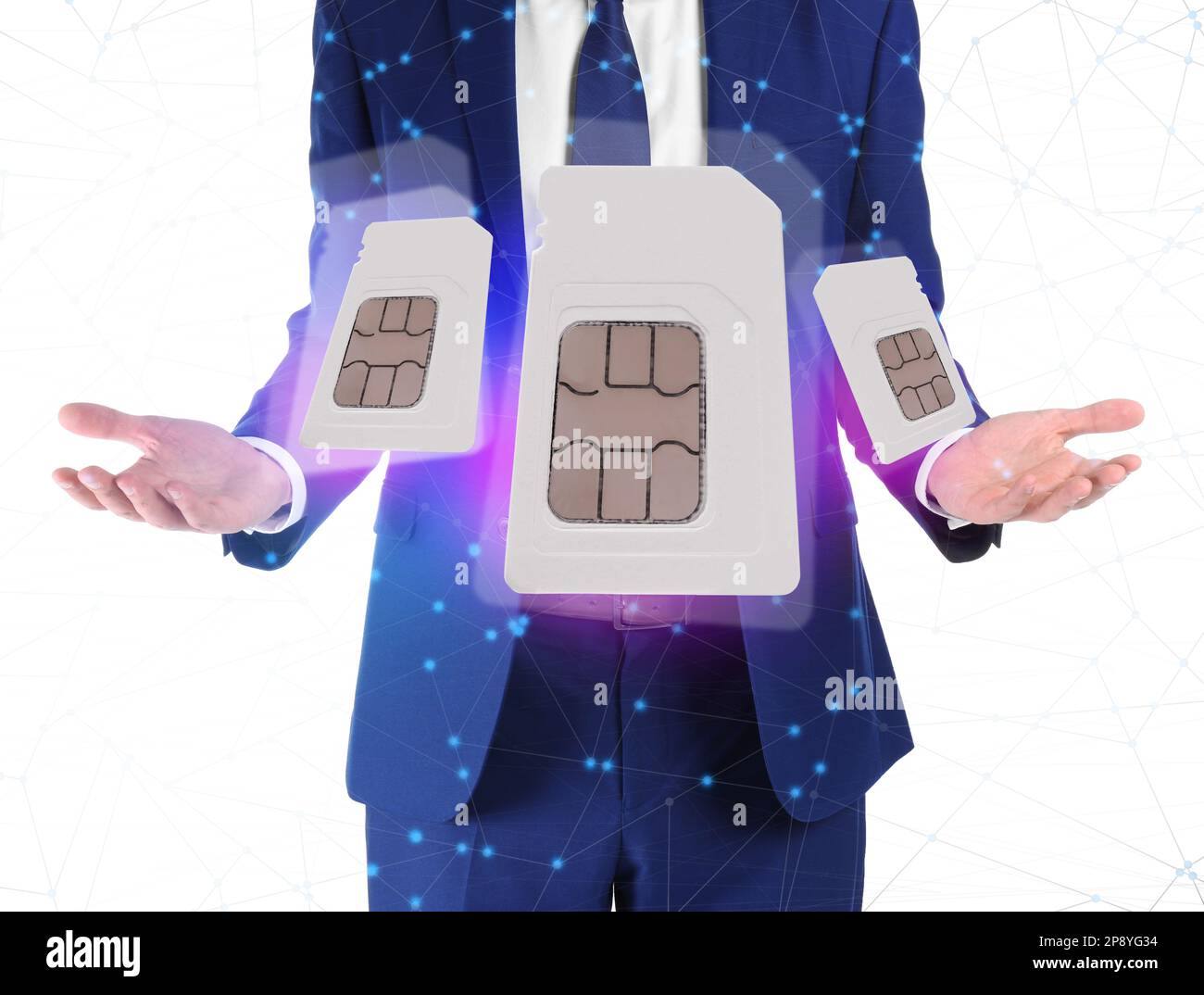 Man demonstrating SIM cards of different sizes on white background ...