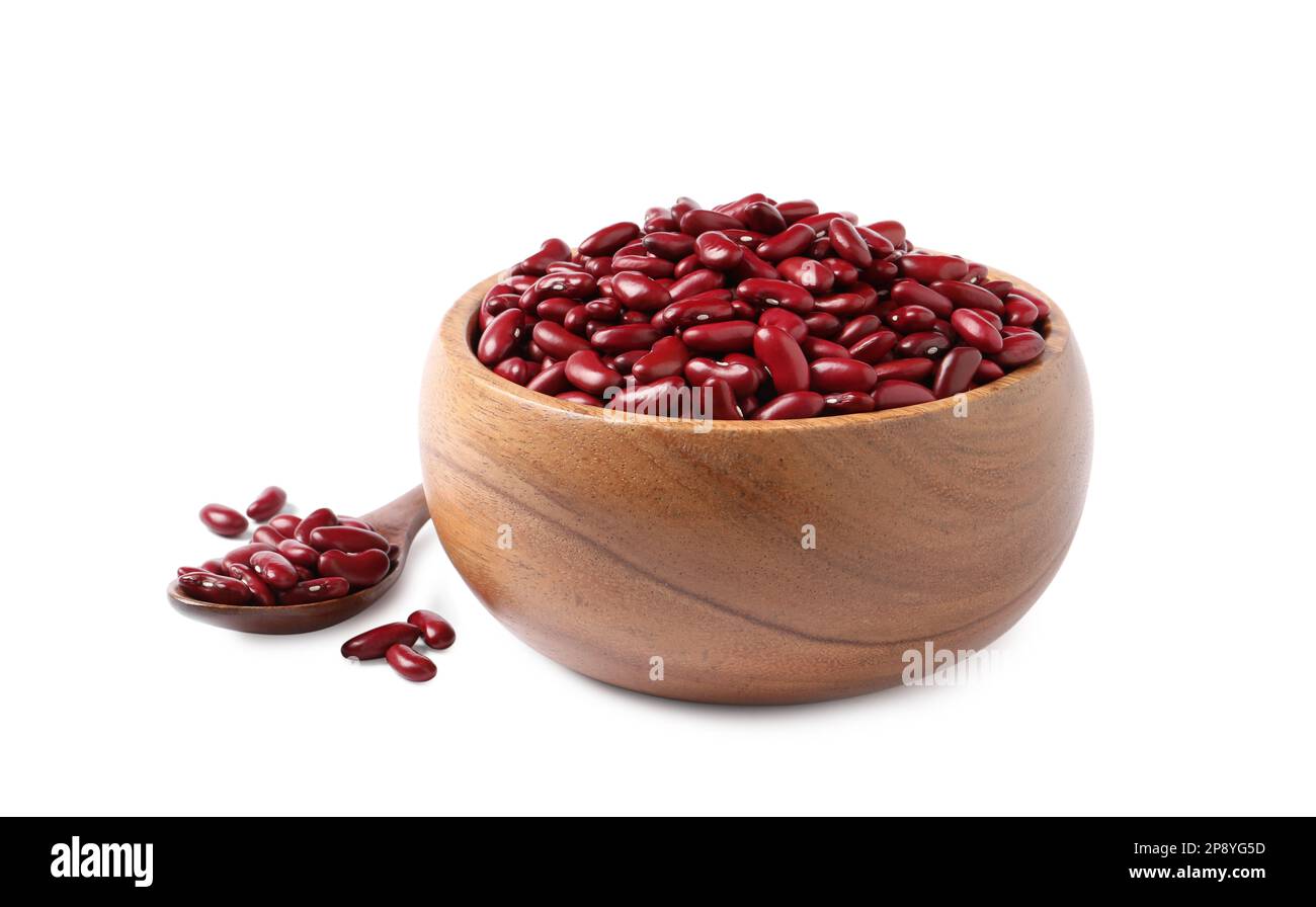 Raw red kidney beans with wooden bowl and spoon isolated on white Stock ...