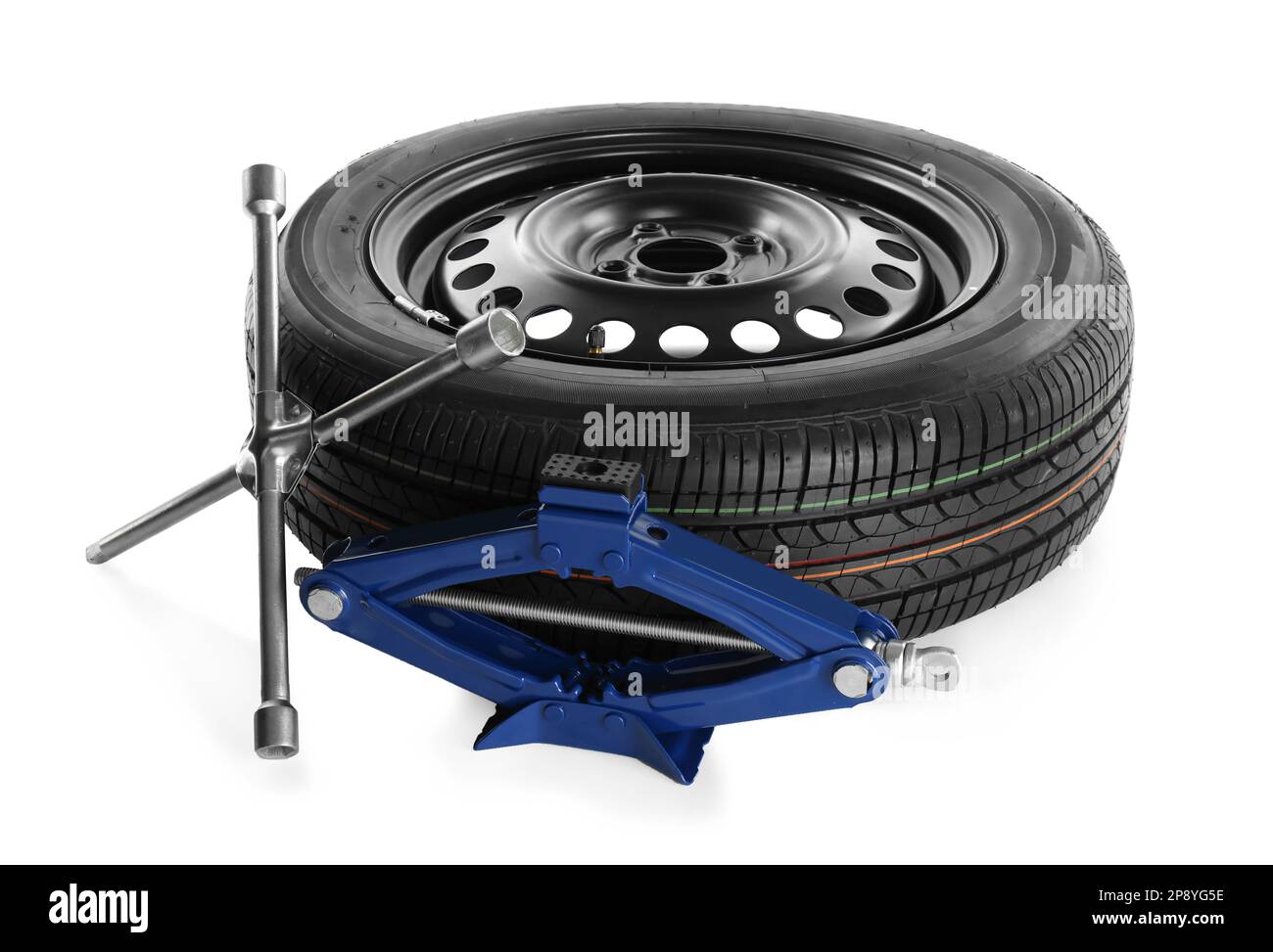 Car wheel, scissor jack and cross torque wrench on white background ...