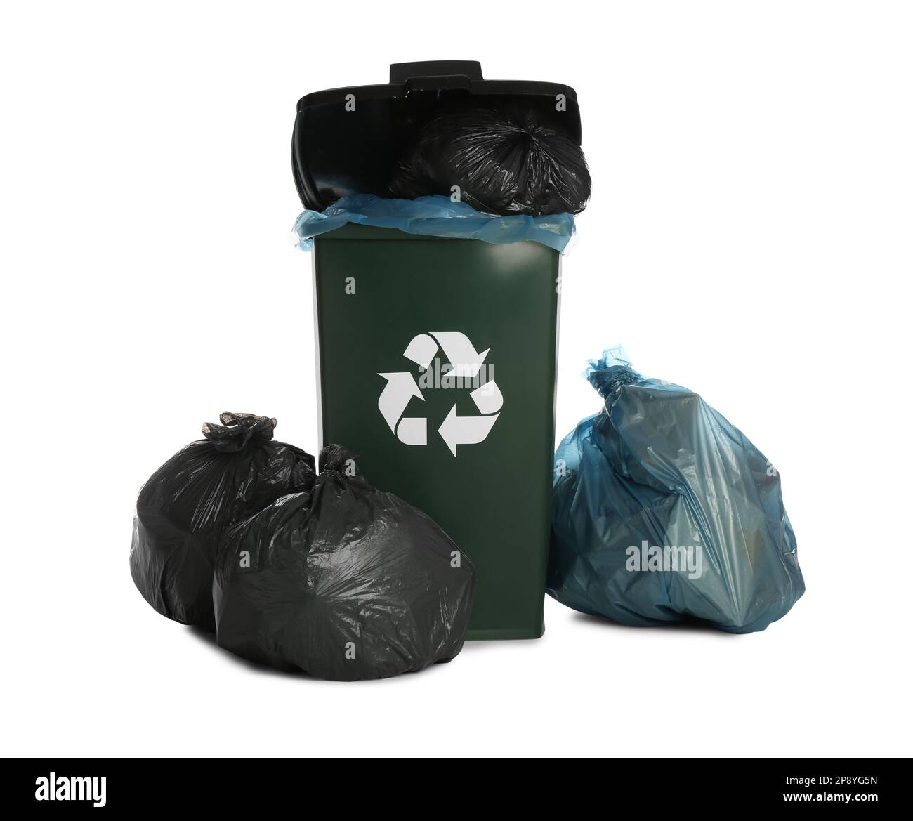 Dark green recycling bin overfilled with garbage bags on white ...