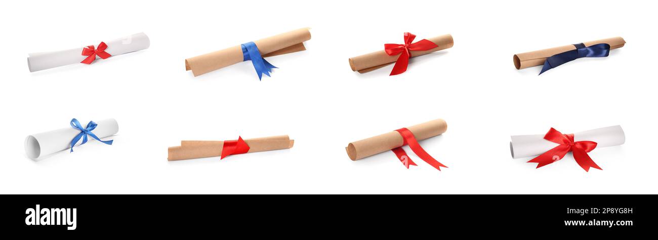 Rolled student's diplomas with blue and red ribbons on white background ...