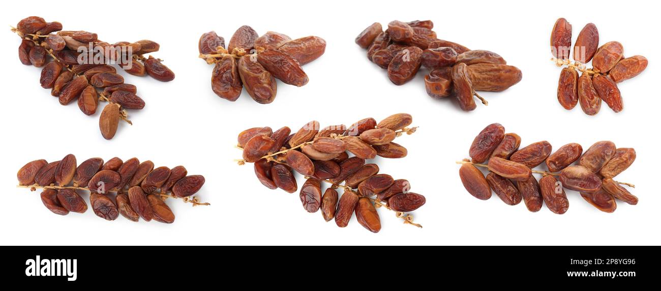 Set with sweet dried dates on white background. Banner design Stock ...