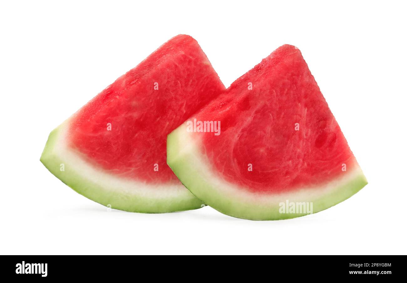 Slices of delicious ripe seedless watermelon on white background Stock ...