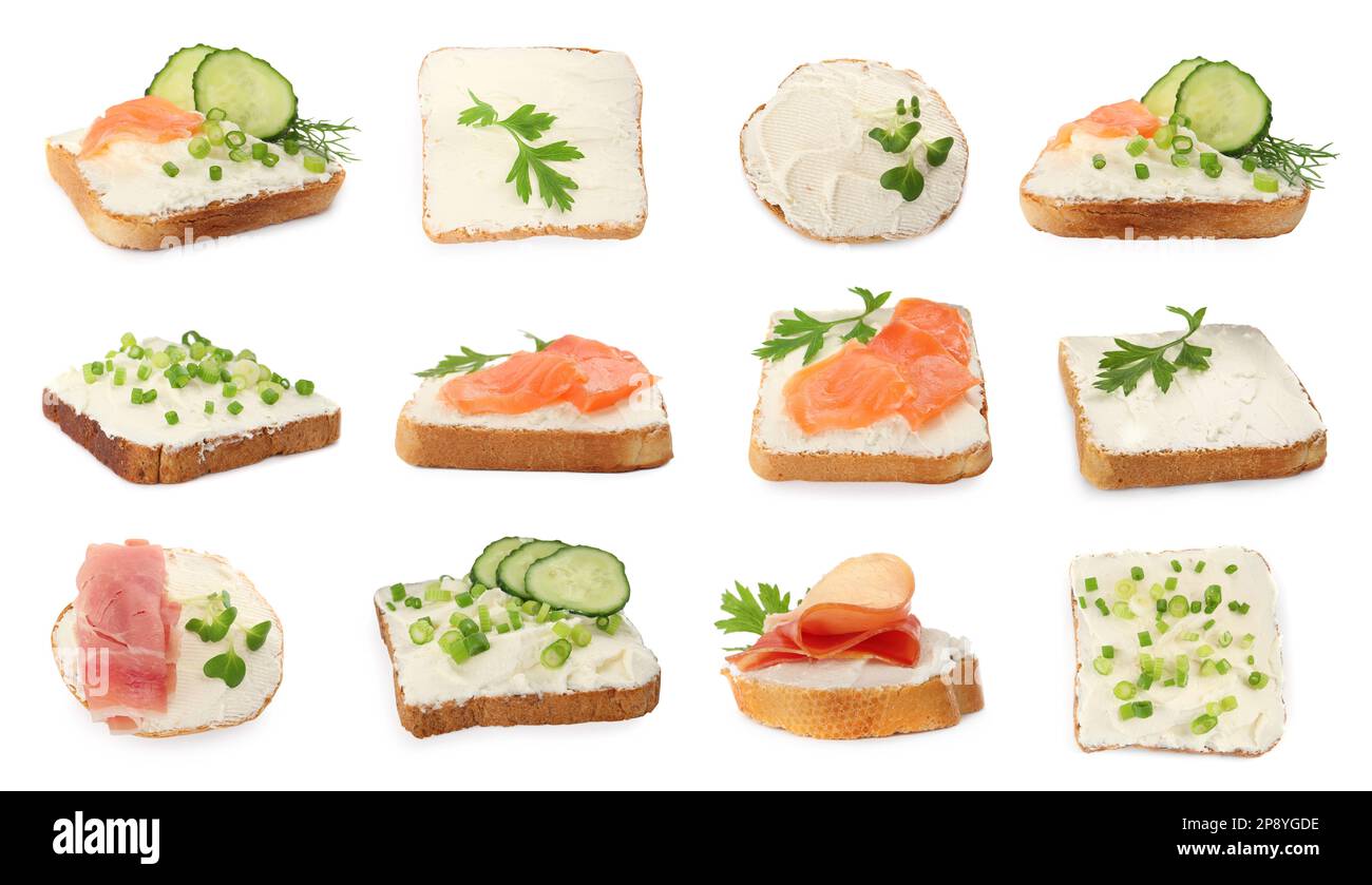 Bread with cream cheese and toppings on white background, collage Stock ...