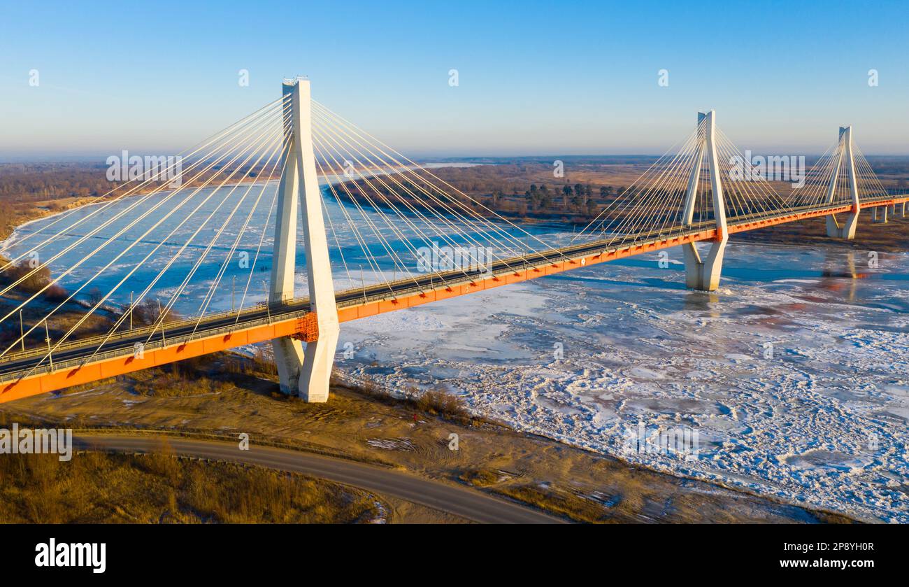Aerial view of cable-stayed Murom bridge over Oka river, Russia Stock ...