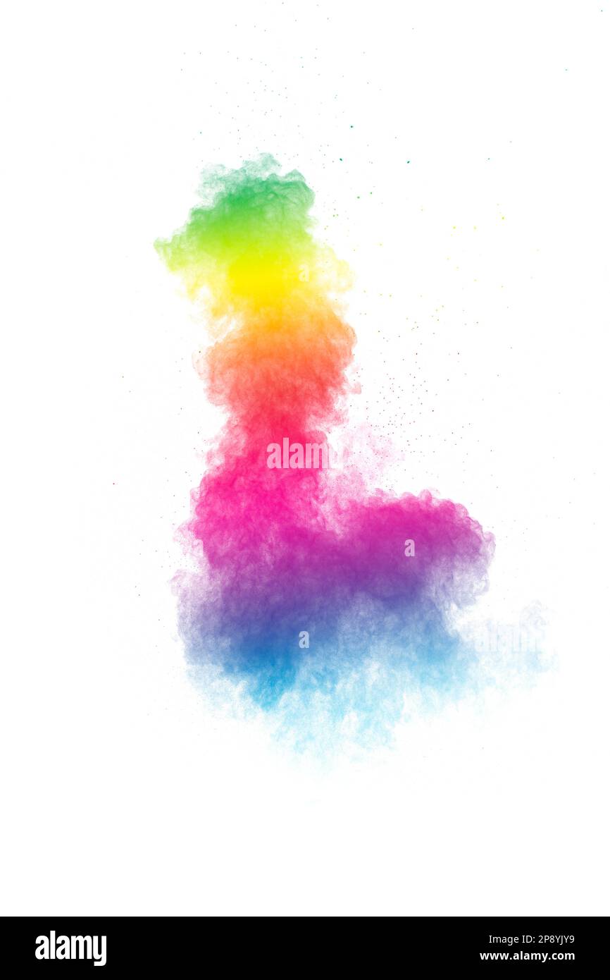 Pastel color dust particles splash.Colorful powder explosion on white ...