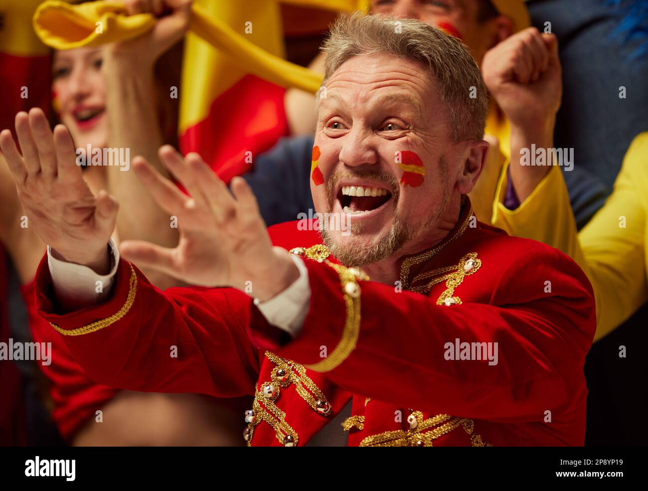 Emotional man, football, soccer fan expressively watching match ...
