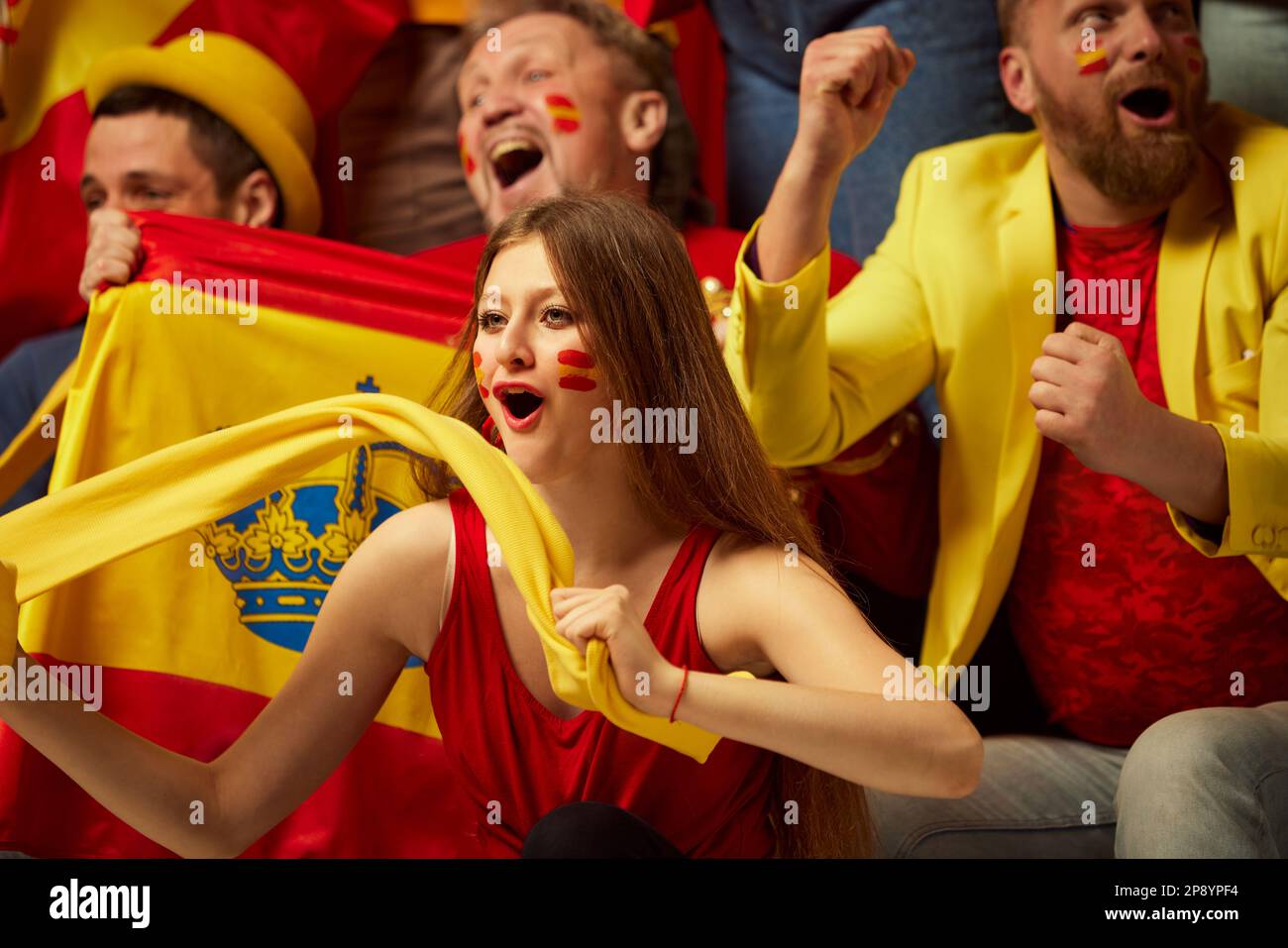 Live game. People, football, soccer fans emotionally watching match ...