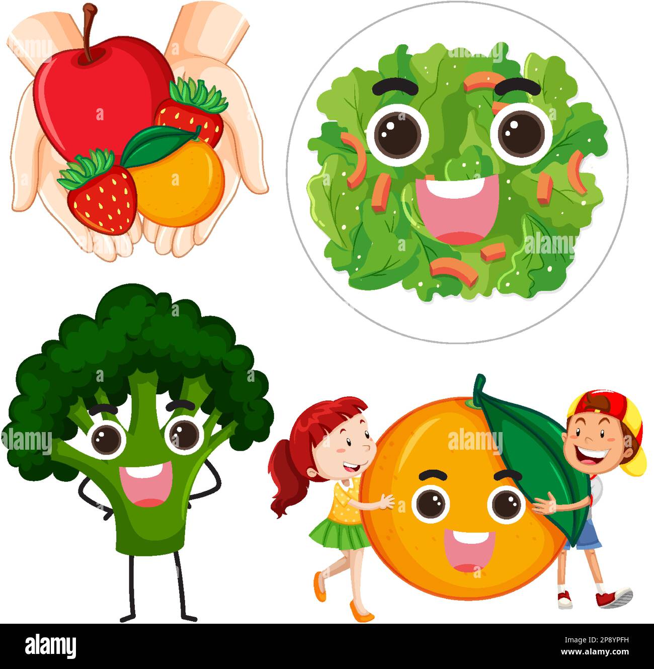 Set of fruit and vegetable cartoon character with smiley face ...