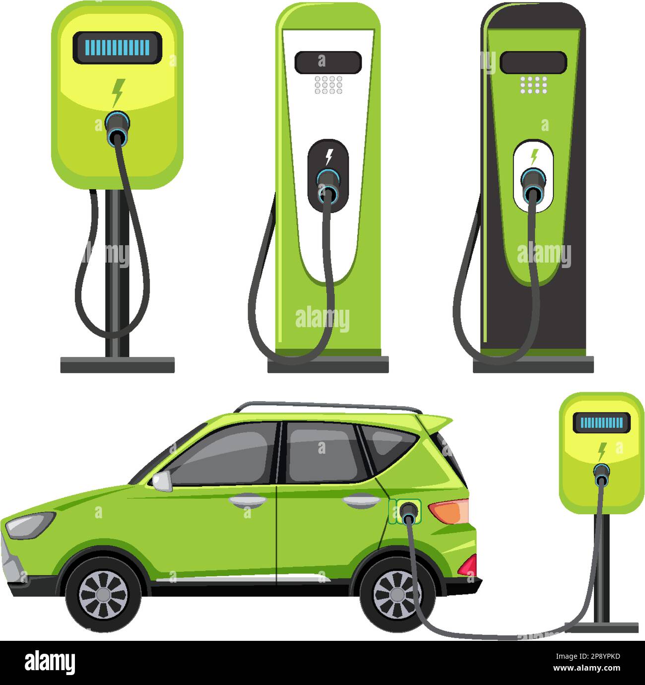 EV charging station with electric car collection illustration Stock ...