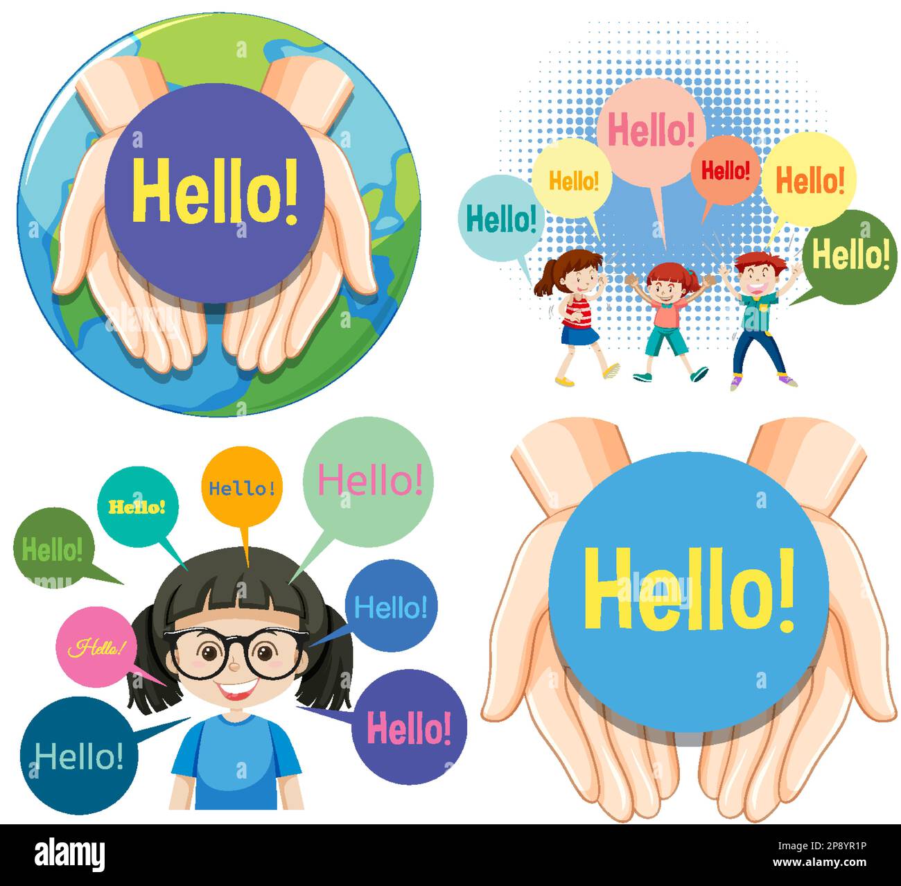 Hello greeting with cartoon characters set illustration Stock Vector ...