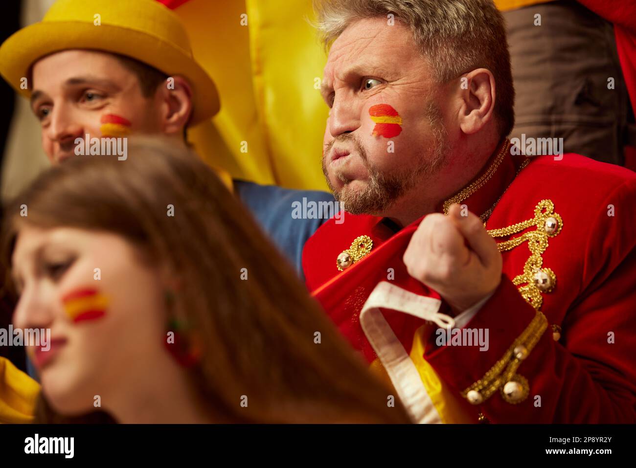 People, football, soccer fans emotionally watching match, worrying ...