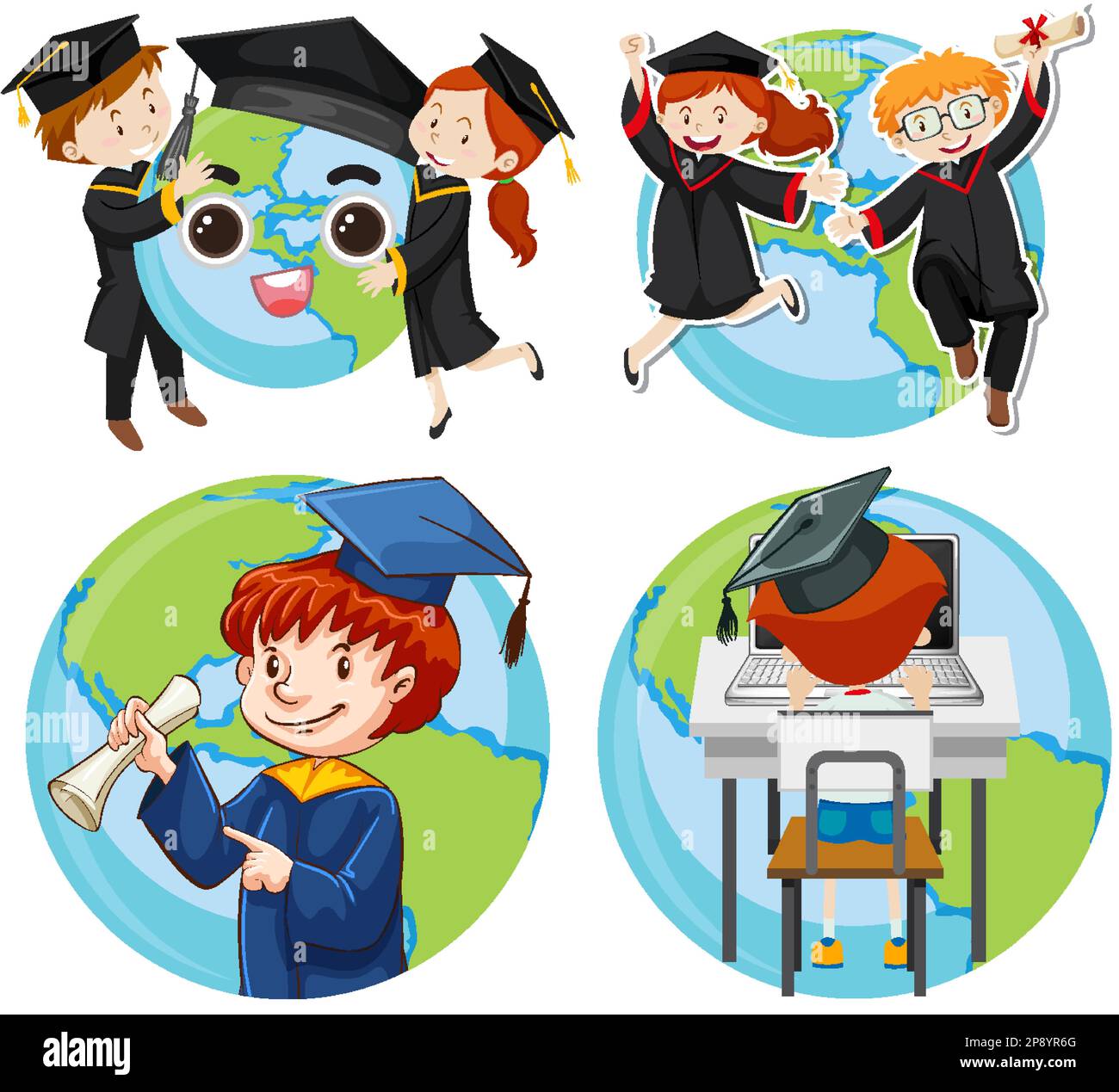 Earth Graduation Cartoon Icons Set illustration Stock Vector Image ...