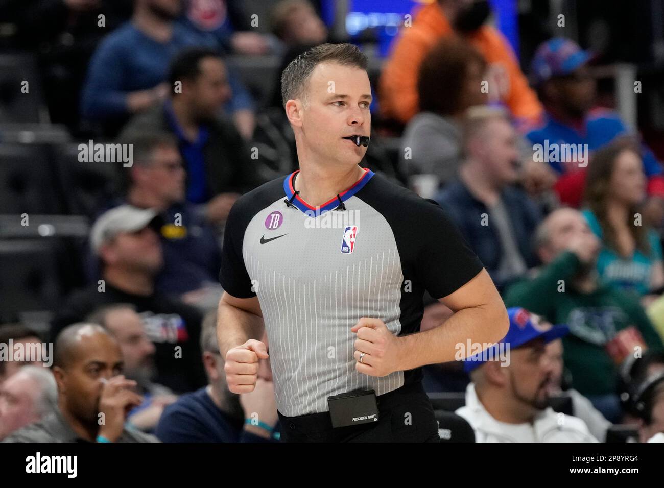 Referee Mark Lindsay runs up court during the first half of an NBA ...