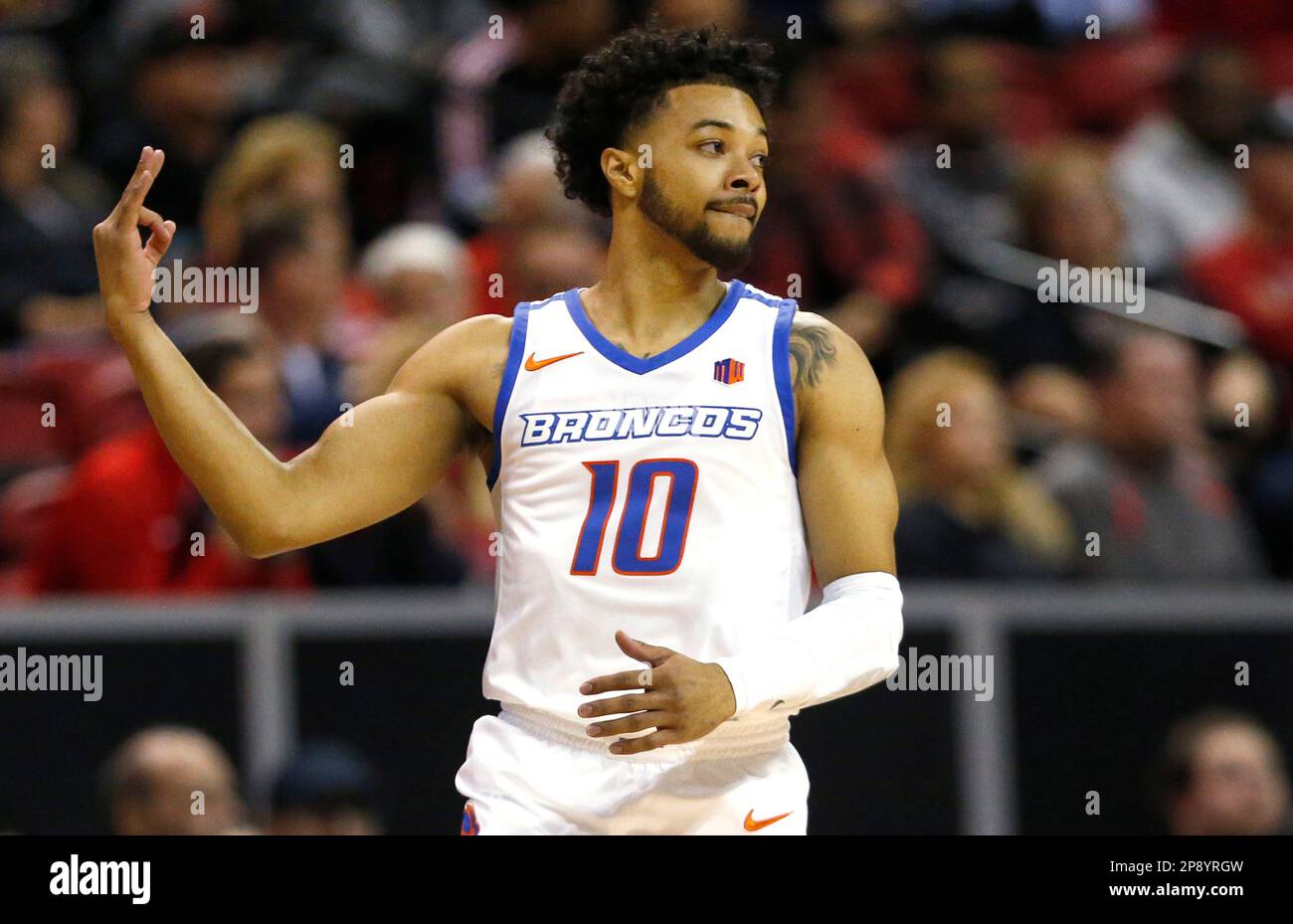 Boise State guard Marcus Shaver Jr. (10) celebrates a three point ...