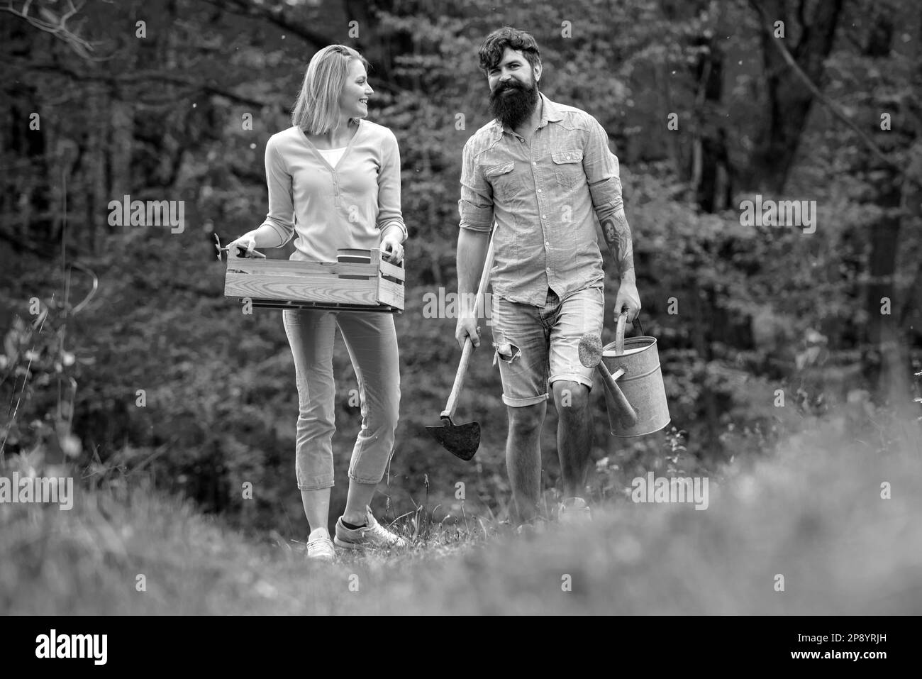 Couple of farmers walking in agricultural field. Gardening in spring - happy couple harvesting ...