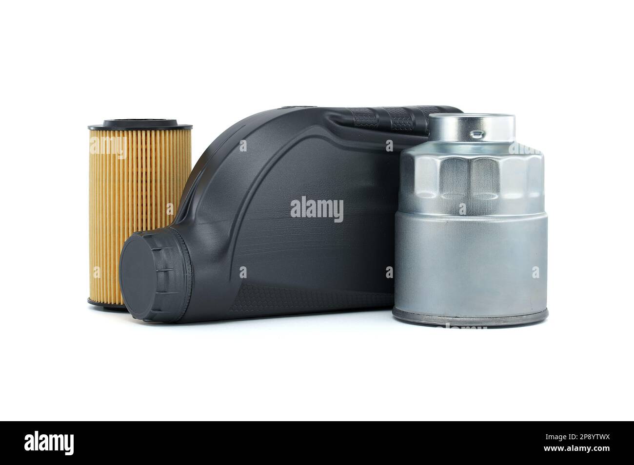 Motor oil container and filters isolated on a white background. Car ...