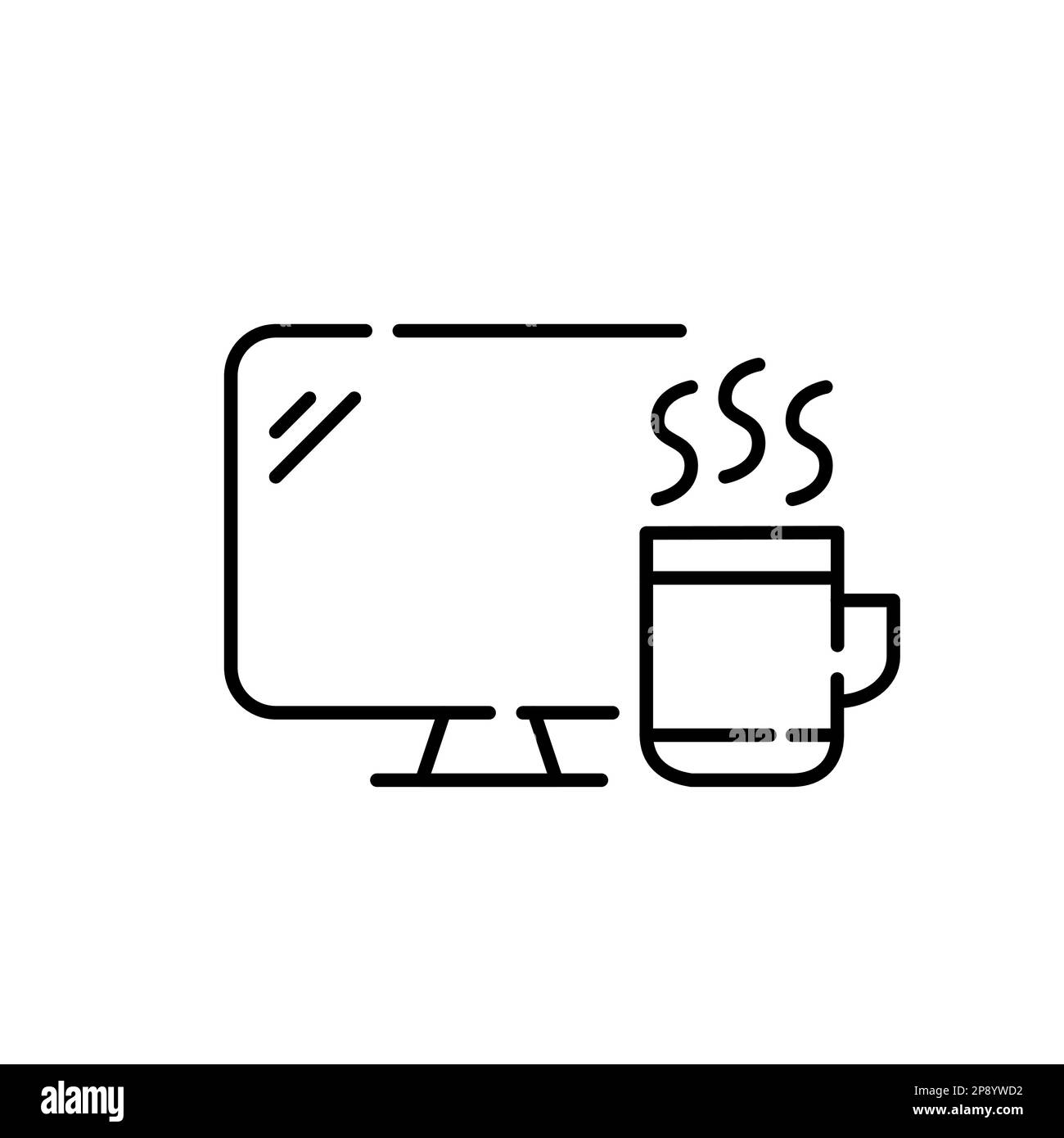 Desktop PC monitor and coffee mug with steam. Coffee break at workplace. Pixel perfect, editable ...