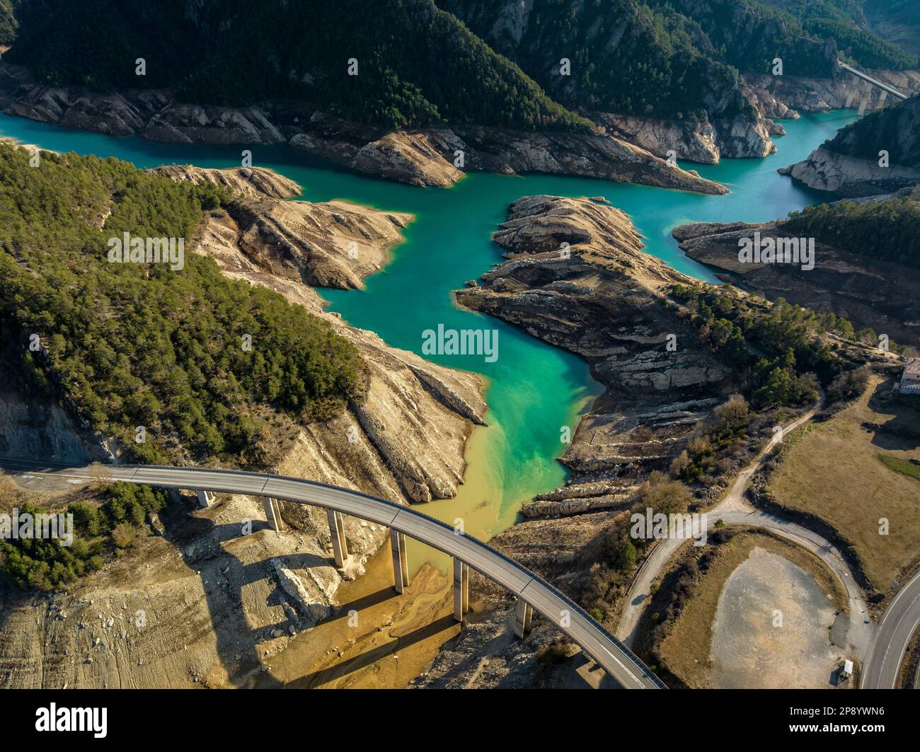 Aerial view of the Llosa del Cavall reservoir with a very low water ...