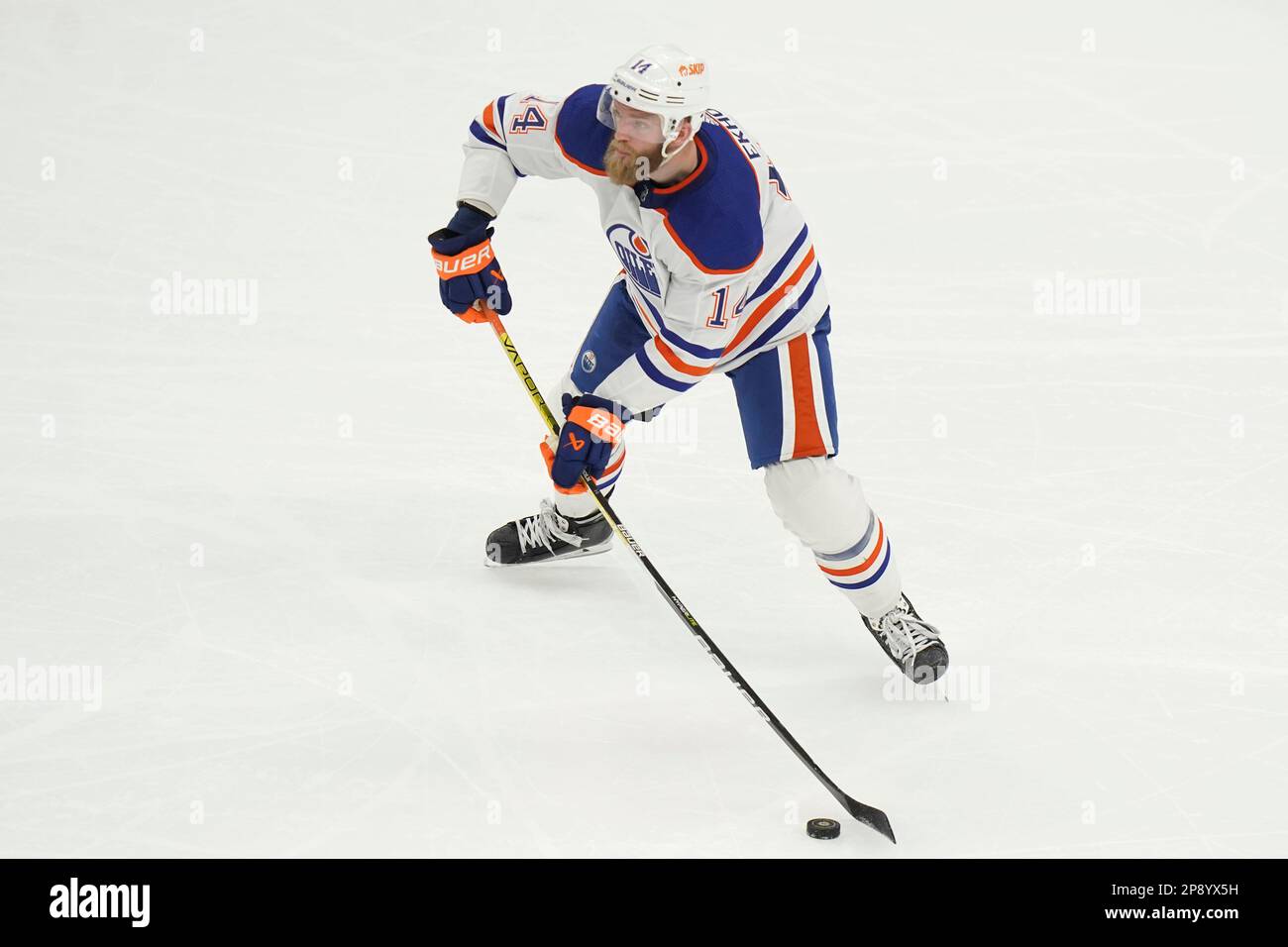 Edmonton Oilers defenseman Mattias Ekholm (14) takes a shot at the goal ...