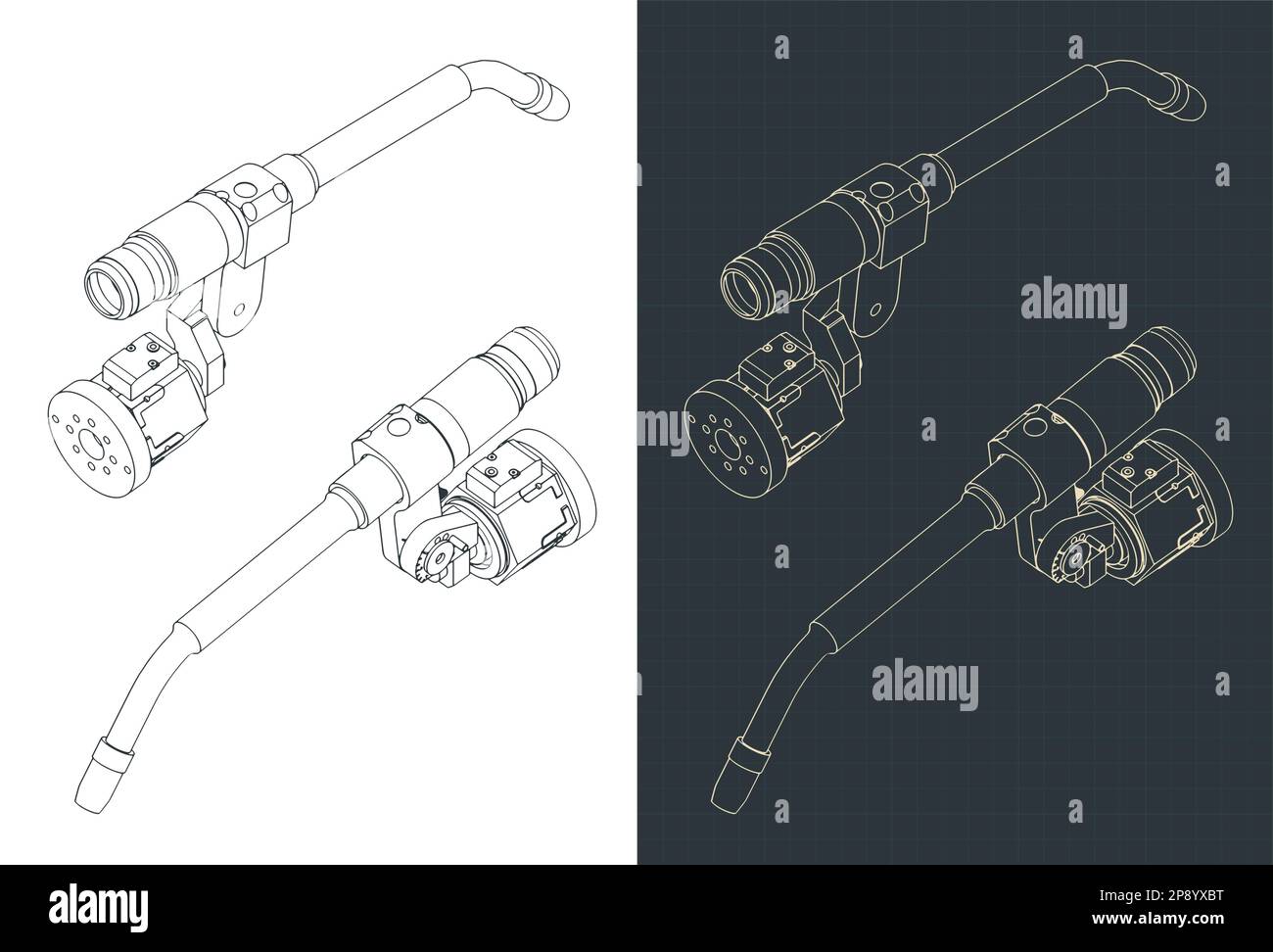 Stylized vector illustration of isometric blueprints of welding torch ...